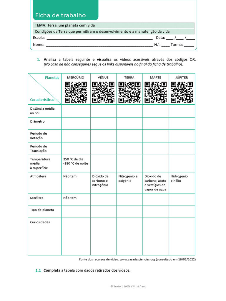 CN8 DP Fichas Trabalho | PDF | Terra | Planetas