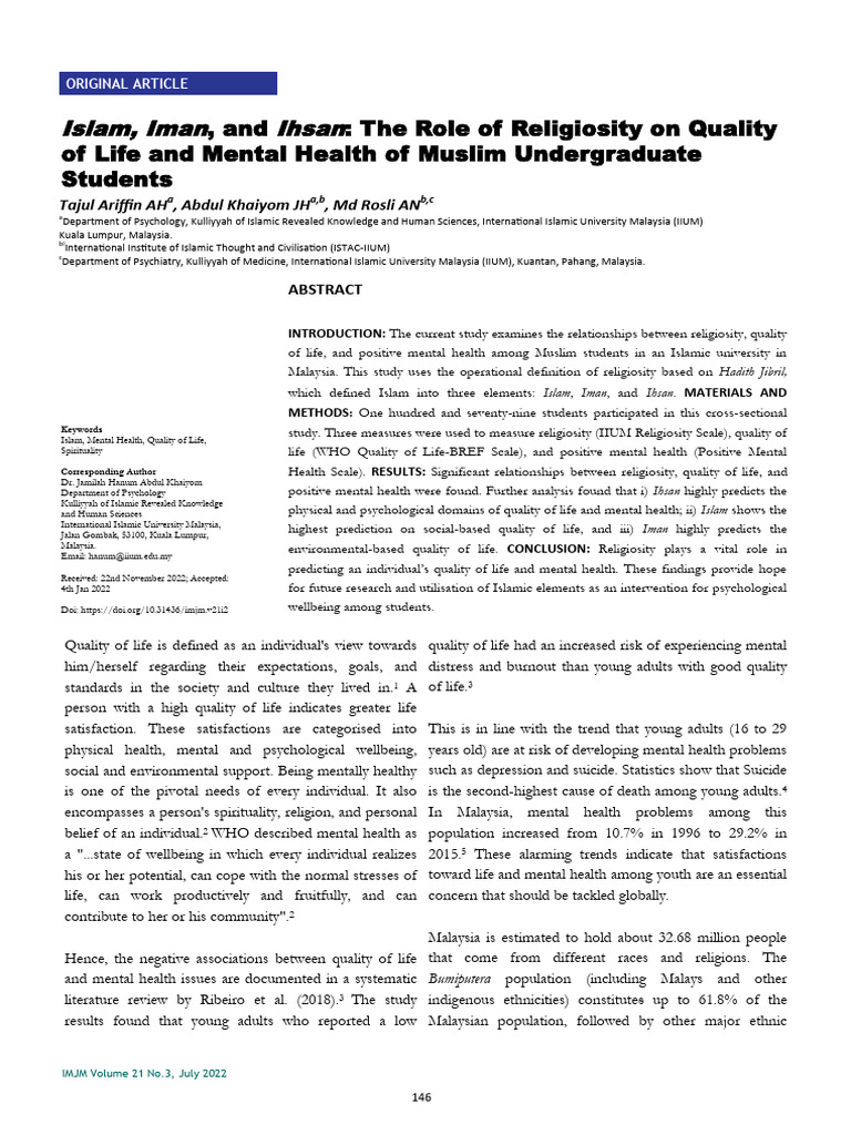Islam, Iman Ihsan:, And: The Role of Religiosity On Quality of Life and Mental Health of Muslim ...