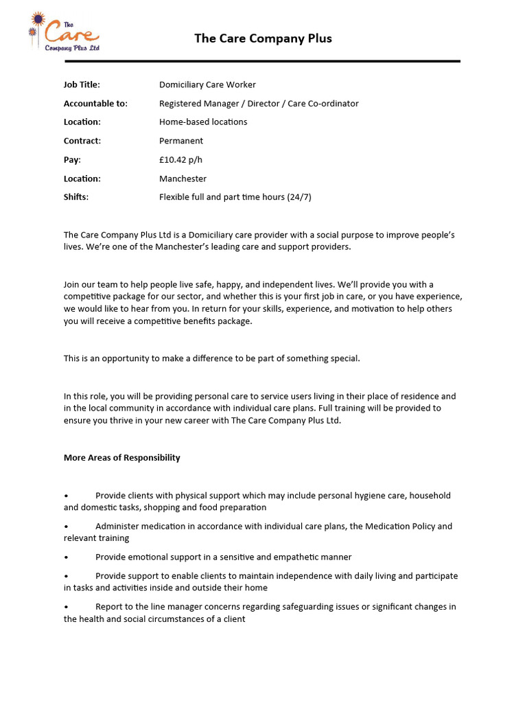 Domiciliary Care Worker Job Description | PDF | Labor | Business