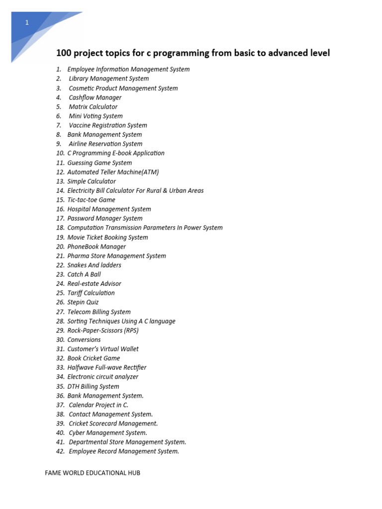100 Project Topics For C Programming From Basic To Advanced Level | PDF ...