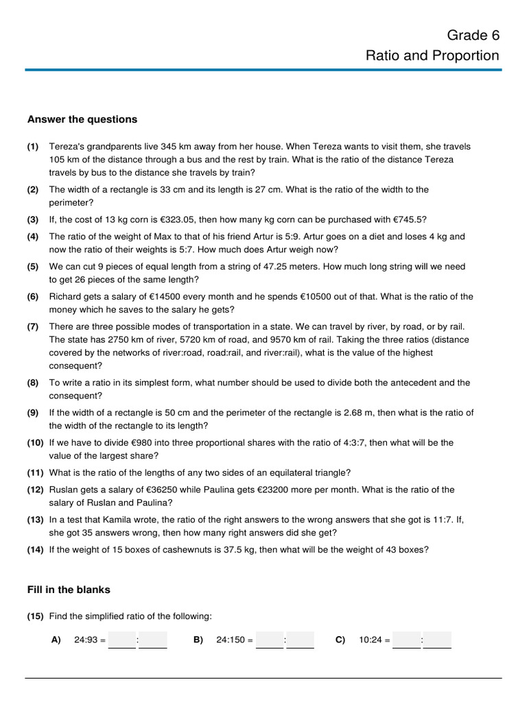 Grade 6 Ratio and Proportion Worksheet | PDF | Ratio | Length