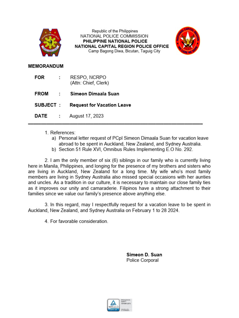 Request For Vacation Leave | PDF | Philippines | Law Enforcement