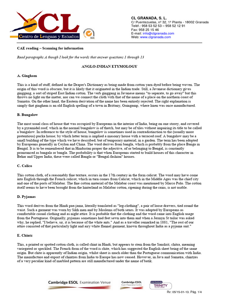 CAE Reading ANGLO INDIAN ETYMOLOGY | PDF | Curry | Clothing