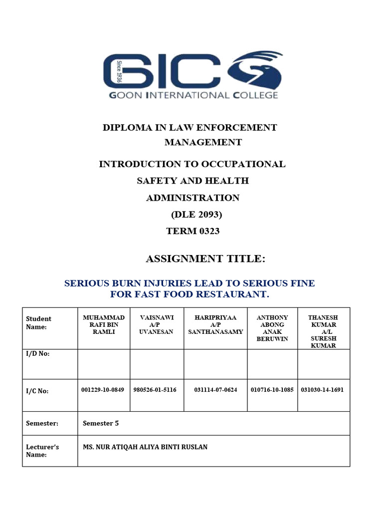 Osha Group Assignment Vaisnawi Uvanesan Sem 5 Grp 4 Pdf Occupational Safety And