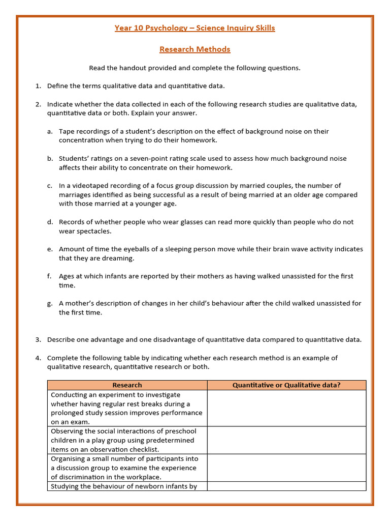 Research Methods Worksheet | PDF | Qualitative Research | Quantitative ...