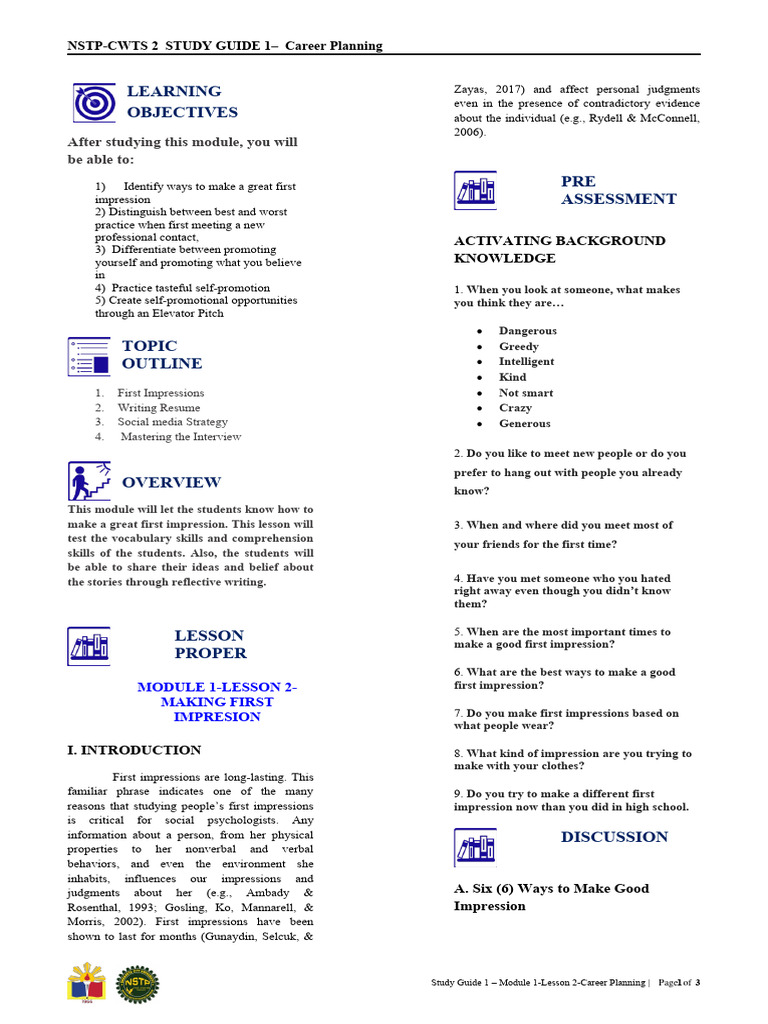 Study Guide 1 Module 1 Lesson 2 Career Planning Final Draft | Download ...