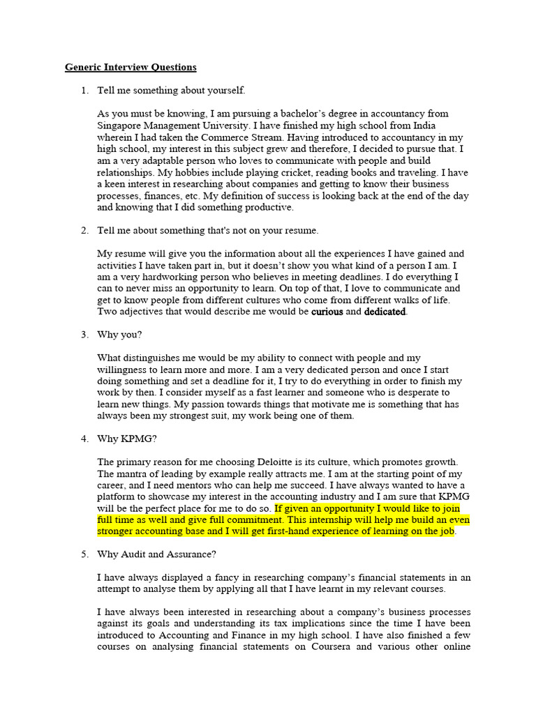 Generic Interview Questions | PDF | Accounting | Internship