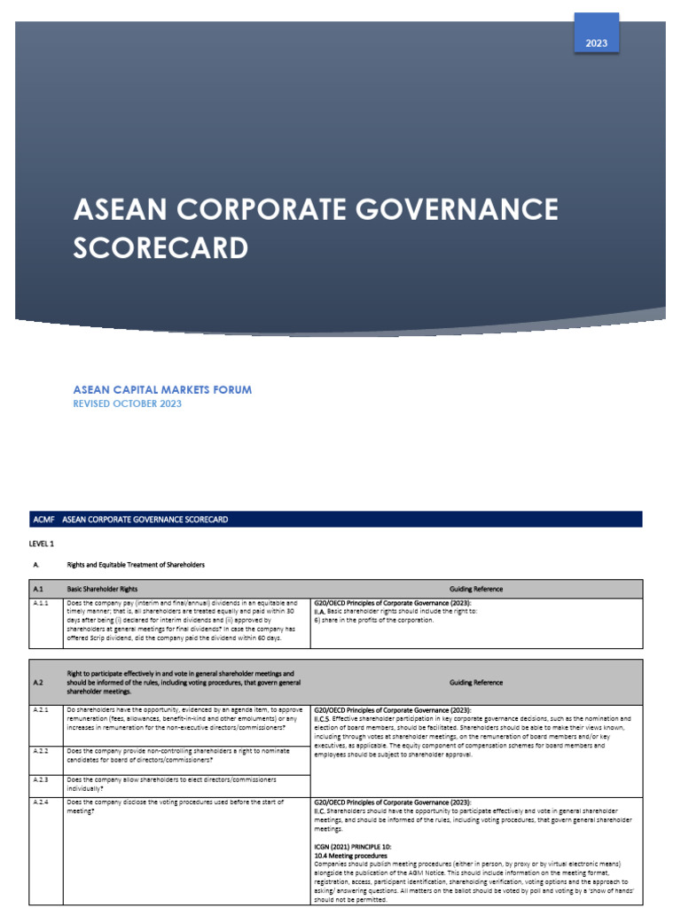 ASEAN Corporate Governace Scorecard Revised 2023 | PDF | Corporate ...