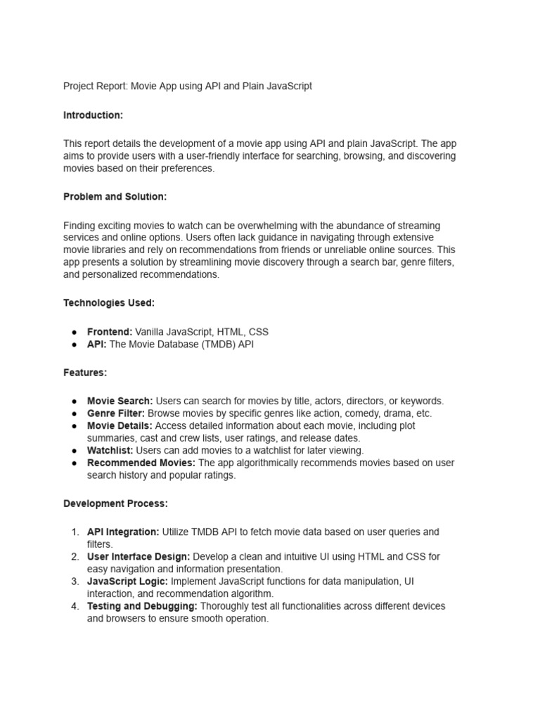 A Project Report On A Movie App Using API and Plain Javascript | PDF | Web Application | Usability
