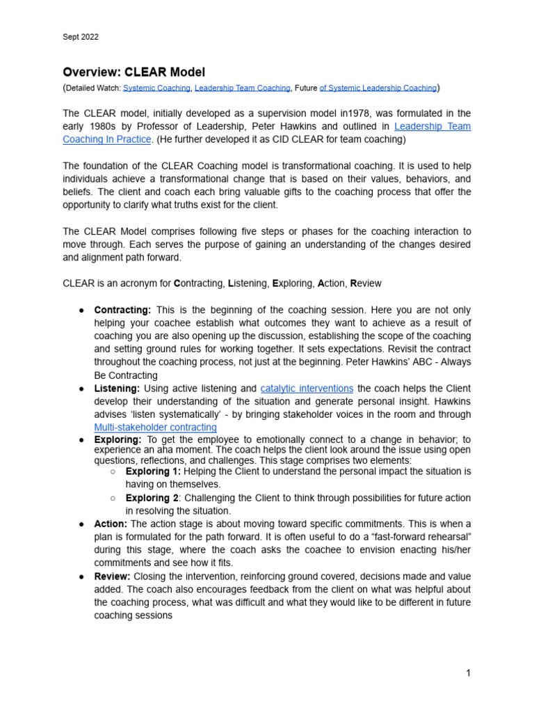 CLEAR Coaching Model Overview | PDF | Goal | Leadership
