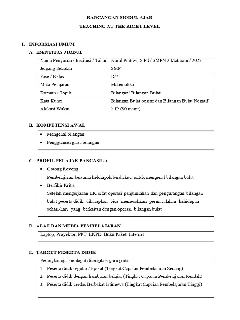 MODUL AJAR CULTURALLY RESPONSIVE TEACHIN (TaRL) | PDF | Karier ...