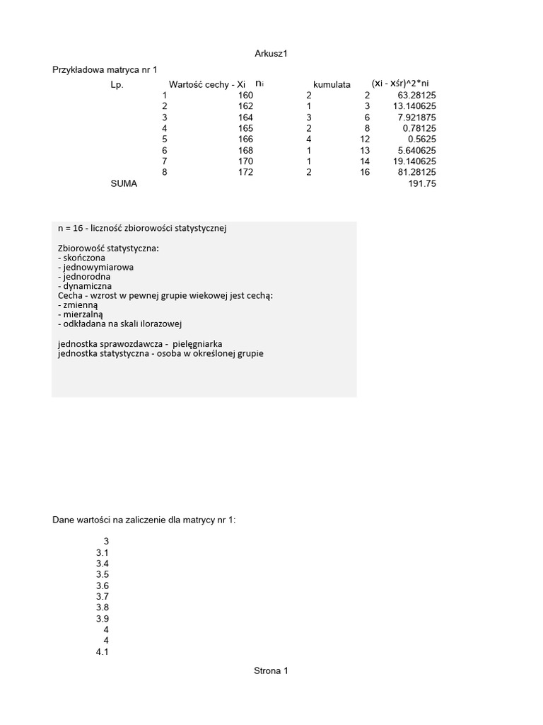 Przykładowa Matryca NR 1. Dane Na Zaliczenie Matrycy NR 1 | PDF