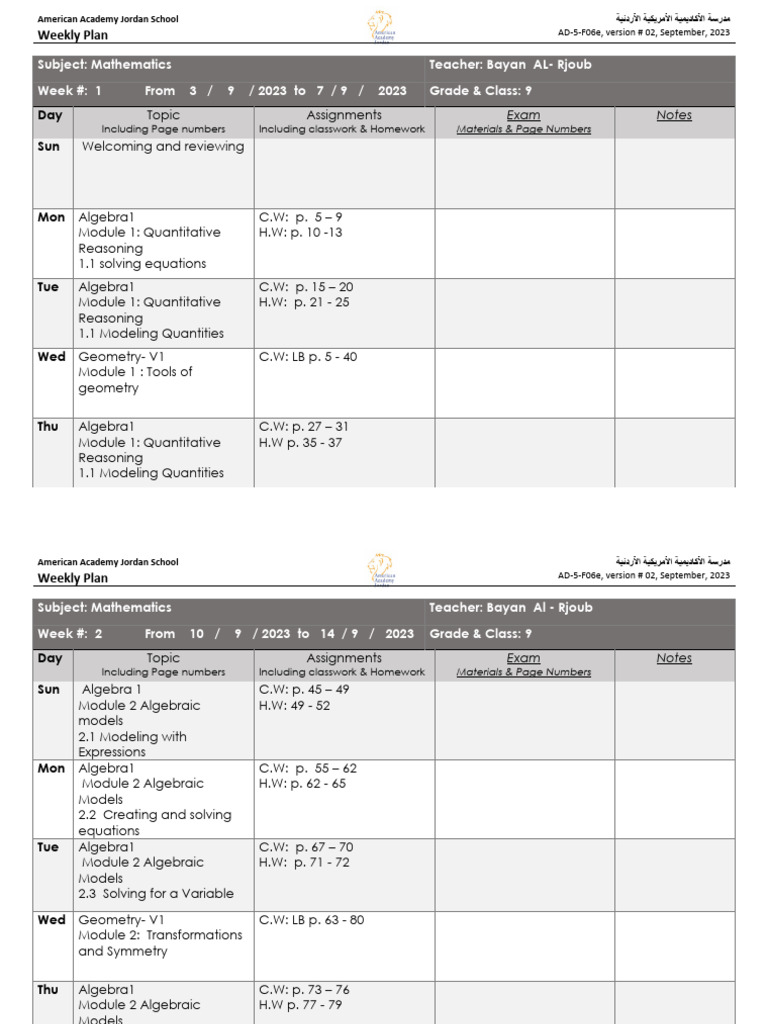 Weekly Plan - Grade 9 | PDF