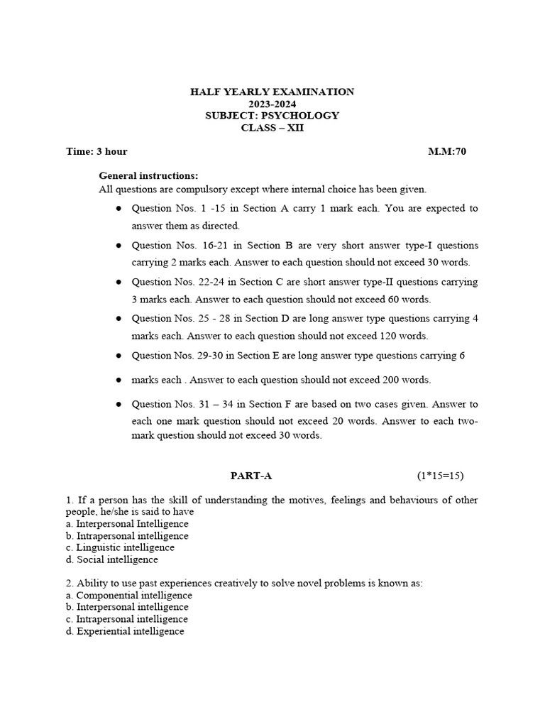 Class12 - Psychology - Midterm - QP 2023-24 | PDF Class12 - Psychology - Midterm - QP 2023-24 | PDF