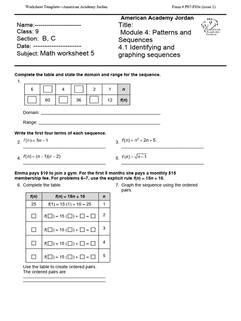 B, C - Math Worksheet 5 Title: Module 4: Patterns and Sequences 4.1 ...