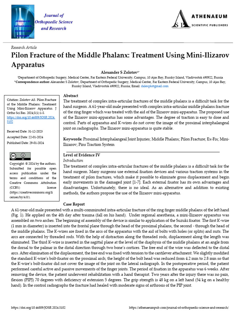 Pilon Fracture of The Middle Phalanx Treatment Using Mini Ilizarov ...