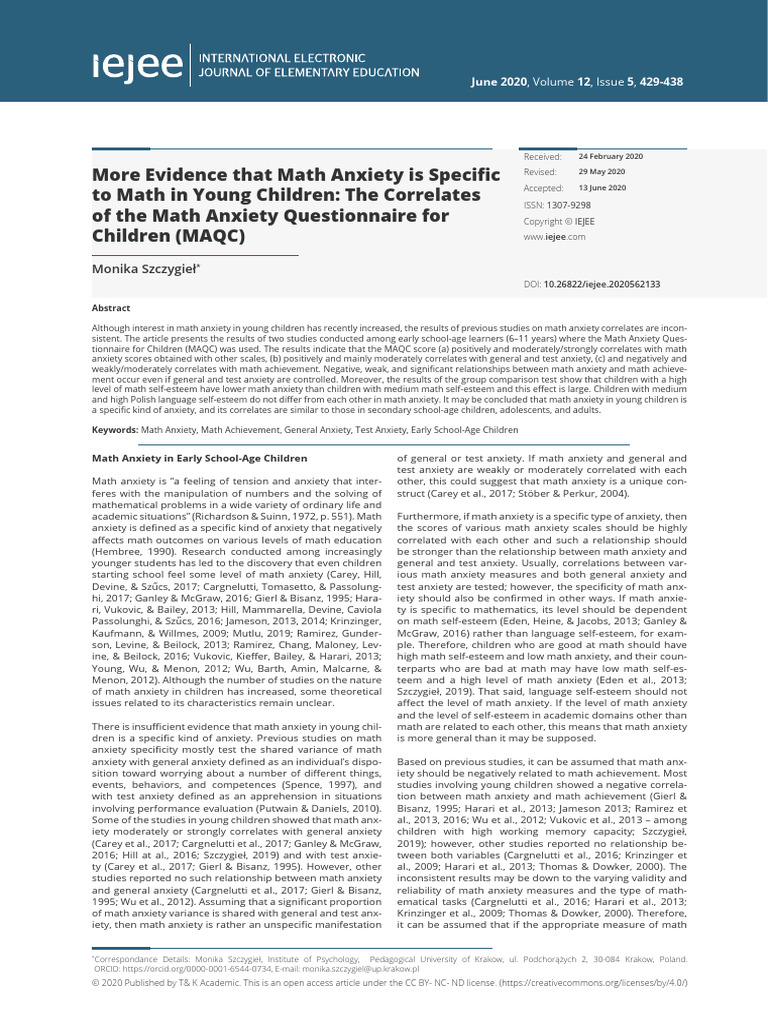 Math Anxiety Questionnaire For Children | PDF | Self Esteem | Mathematics