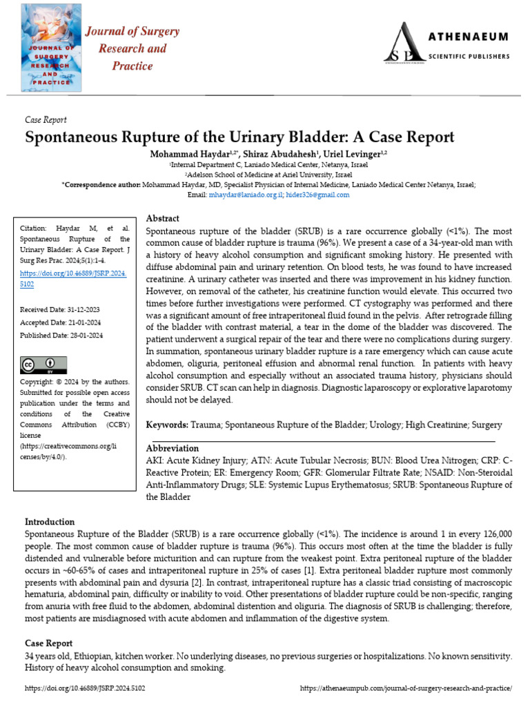 Spontaneous Rupture of The Urinary Bladder A Case Report | PDF ...