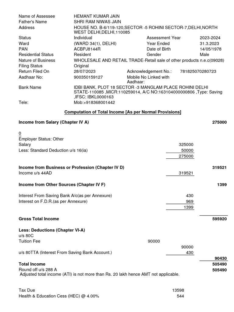 COI - AY - 23-24 - (Hemant Kumar Jain) | PDF | Loans | Banks