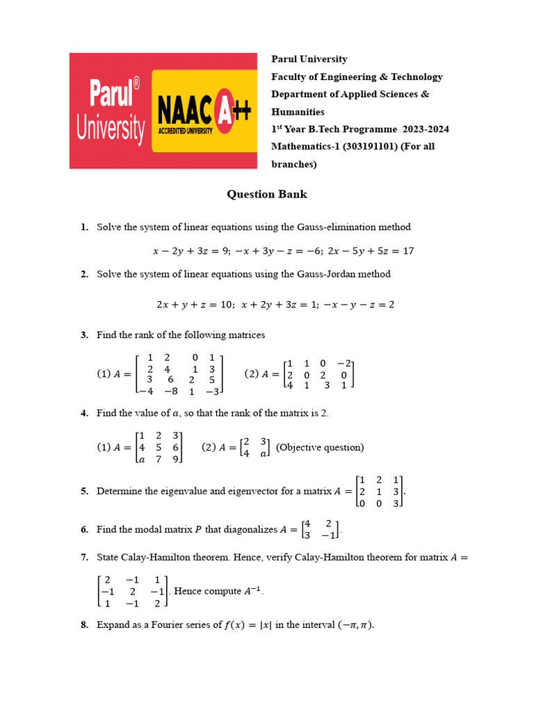 Question Bank - SEM 1 - Mathematics 1 | PDF | Matrix (Mathematics) | Eigenvalues And Eigenvectors
