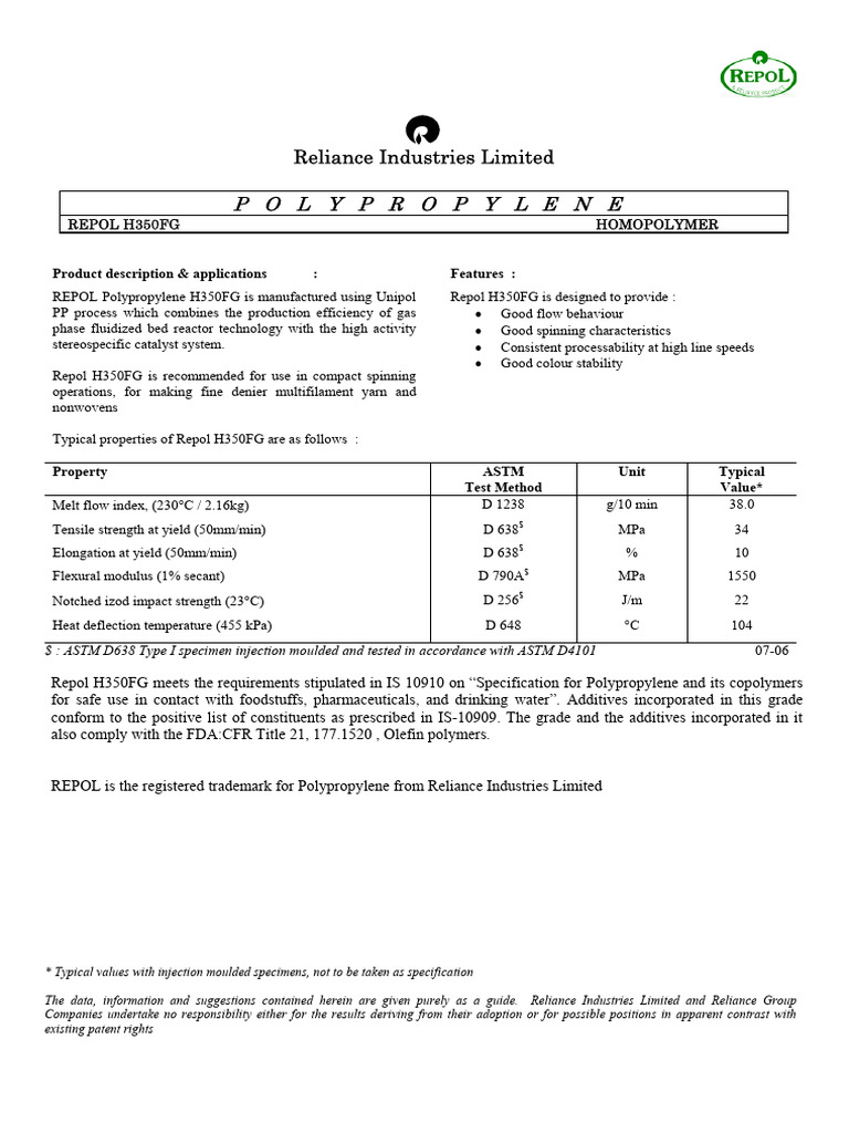 Reliance 350FG | PDF | Polymers | Industrial Processes