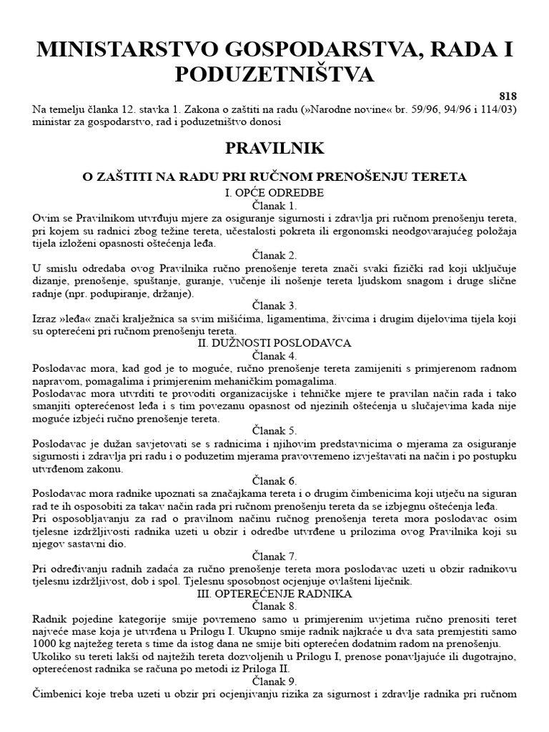 Pravilnik o Zaštiti Na Radu Pri Ručnom Prenošenju Tereta (NN 042 - 2005) | PDF
