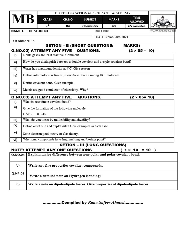 Chem 9th MB Chapter No 04 | PDF | Chemical Bond | Covalent Bond