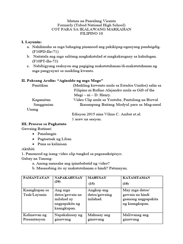 Aginaldo NG Mga Mago Lesson Plan | PDF