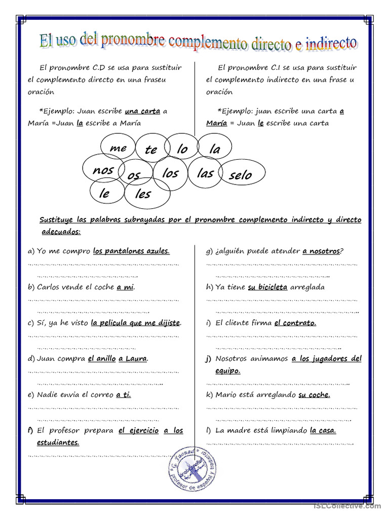Los Pronombres Complemento Directo e Indirecto | PDF | Objeto ...