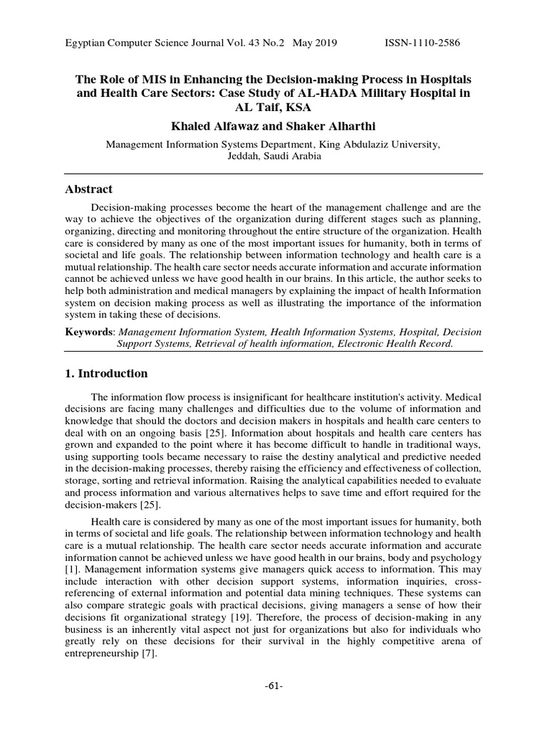 AlHada Hospital - DecisionMaking MIS Topic 5 | PDF | Health Informatics ...