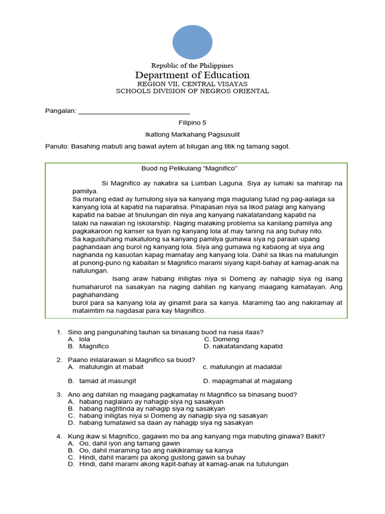 Filipino 5 TEST | PDF