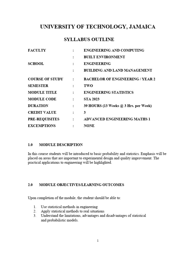 BENG2Engineering Stats Syllabus | PDF | Regression Analysis | Errors And Residuals
