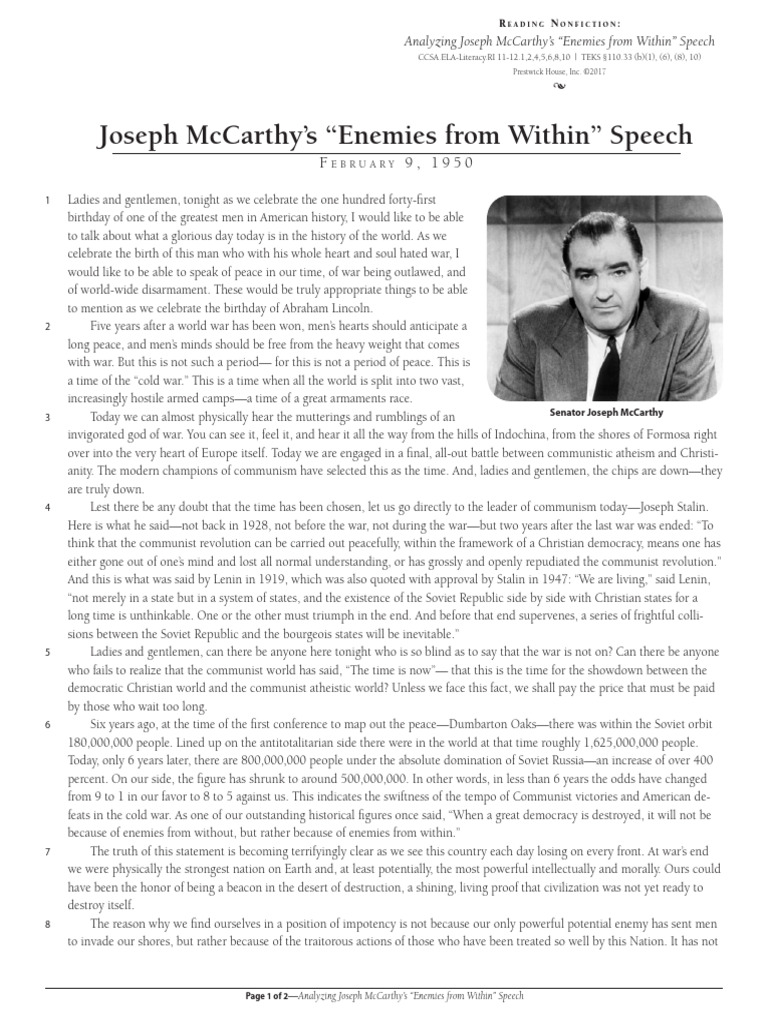 Analyzing McCarthy's 1950 Speech | PDF | Communism