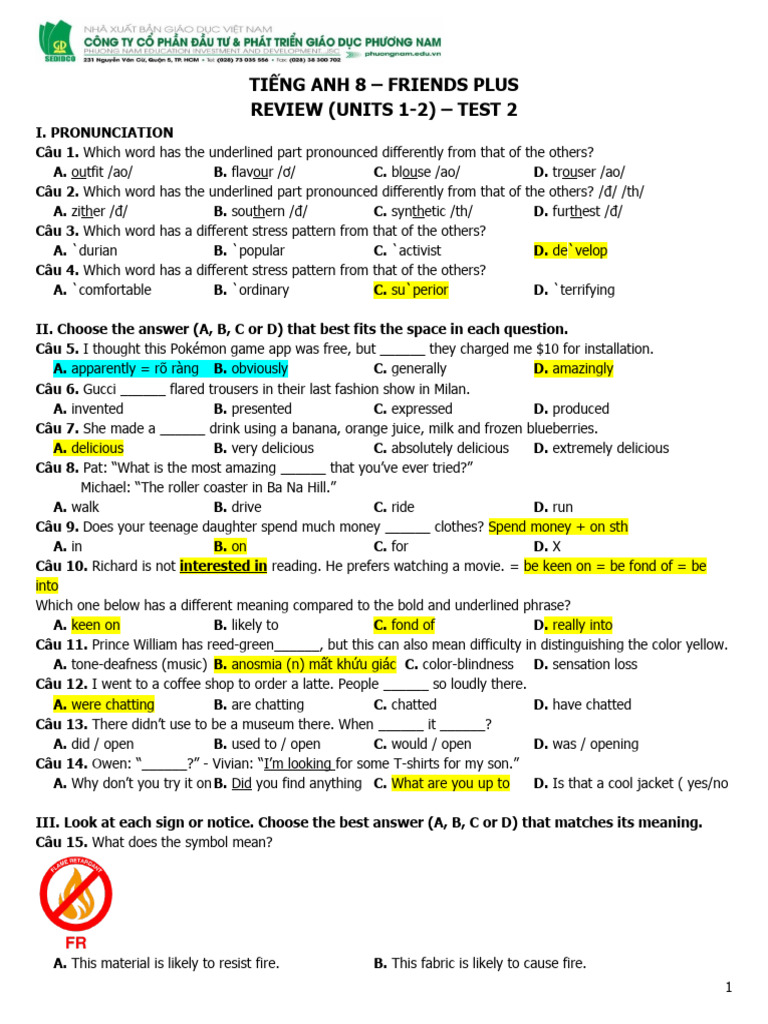 Tieng Anh 8 Friends Plus - Review 1&2 - Test 2 | PDF
