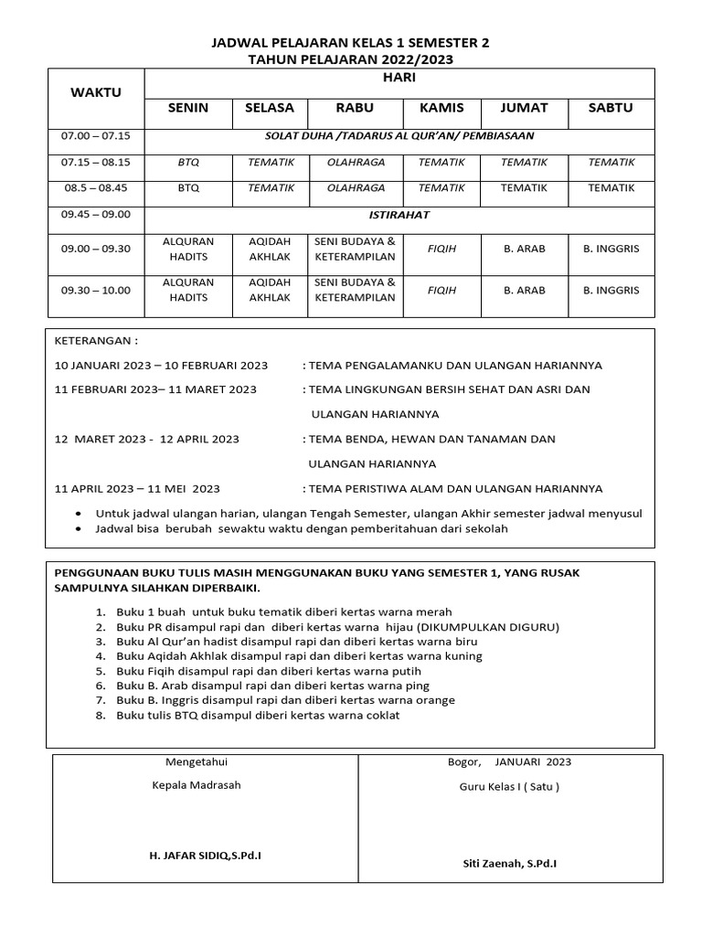 Jadwal Pelajaran Kelas 1 Semester 2 2023 | PDF