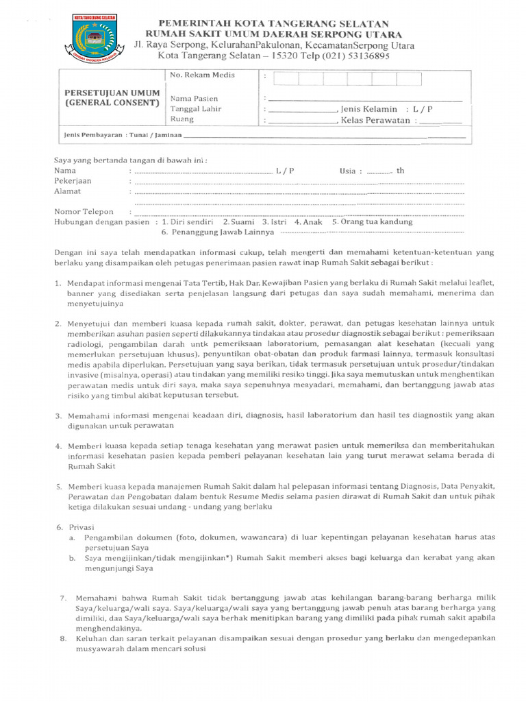 Form Rsu General Consent 2 Rim 2 Lembar | PDF