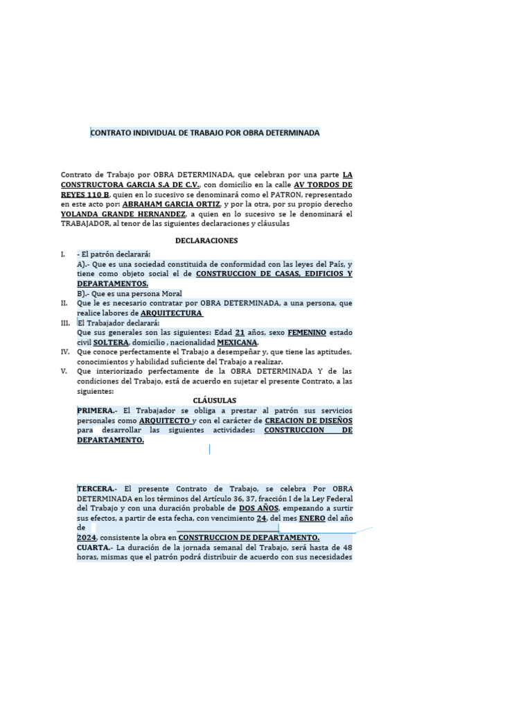 Contrato Por Obra Determinada Formato | PDF | Salario