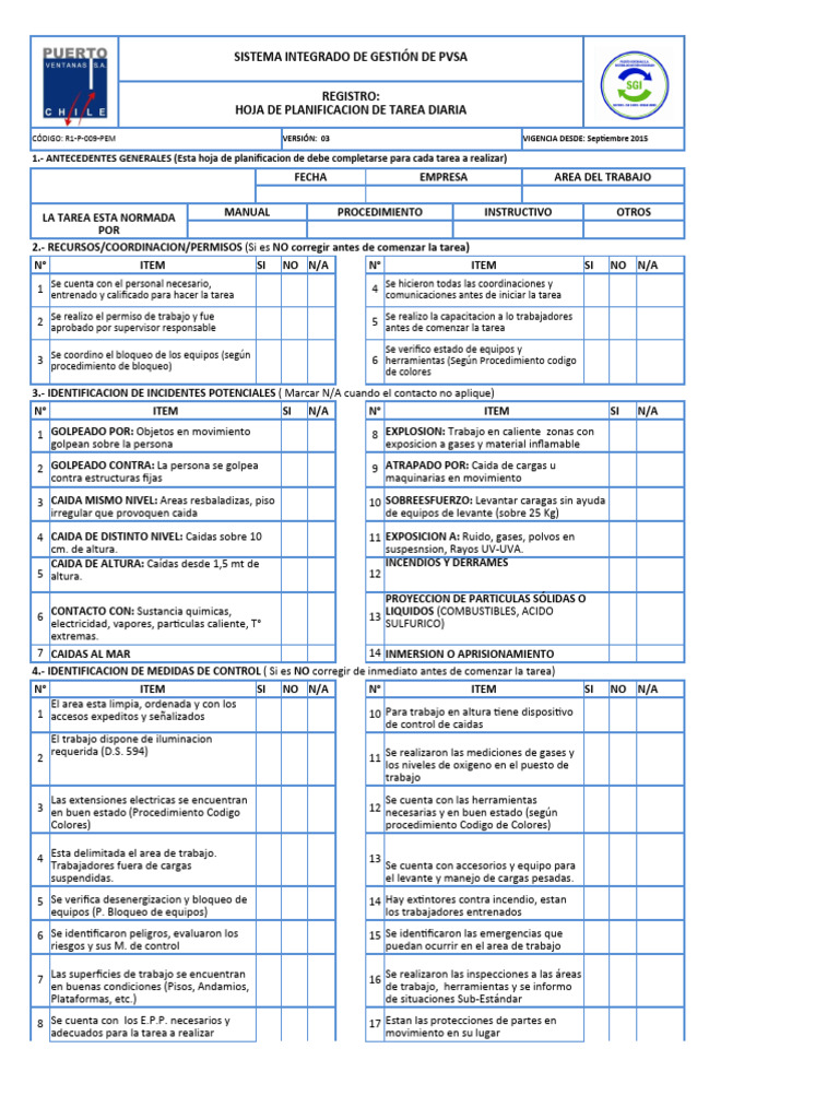 R1-P-009-PEM Hoja de Planificación de Tarea Diaria (HPT) - V3 | PDF
