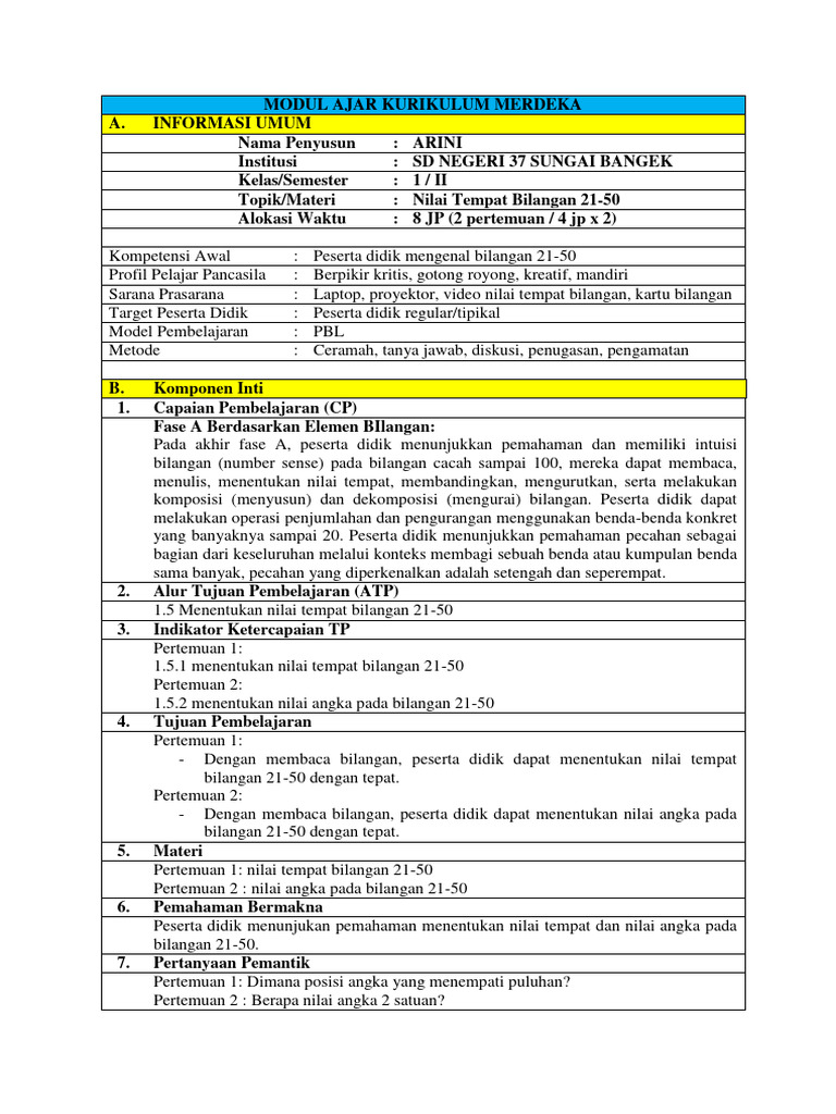 Modul Ajar Matematika - Modul Ajar Nilai Tempat Bilangan 21-50 Kelas 1 SD - Fase A | PDF