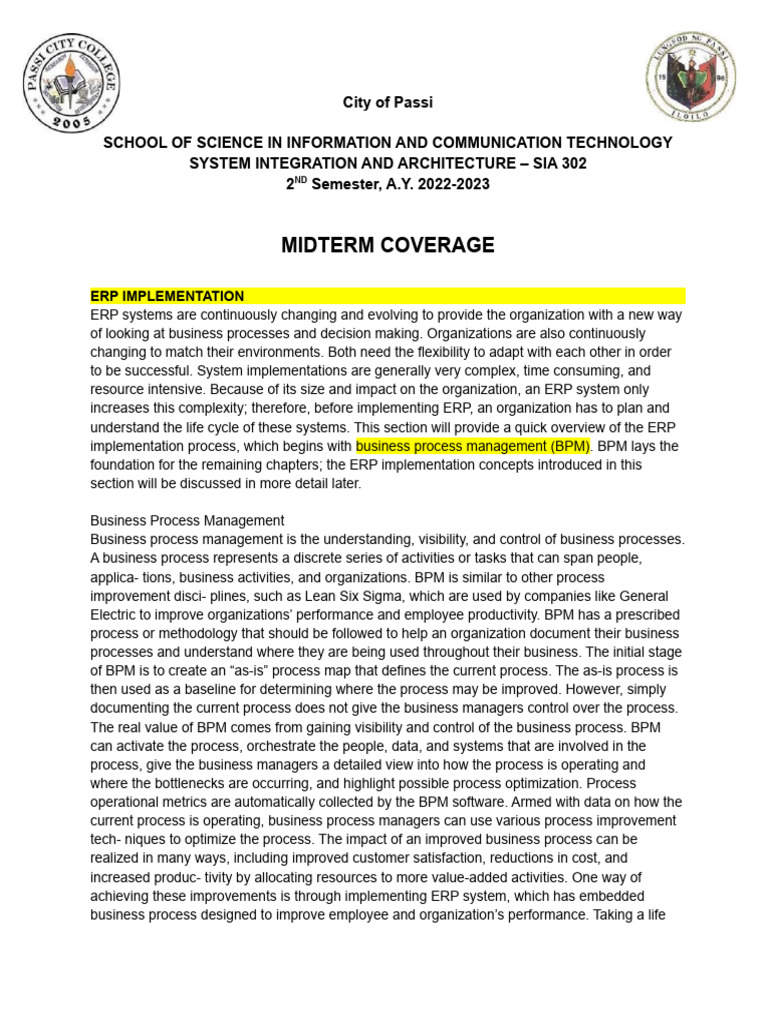 Sia302 (Midterm Coverage) | PDF | Enterprise Resource Planning | Oracle Corporation