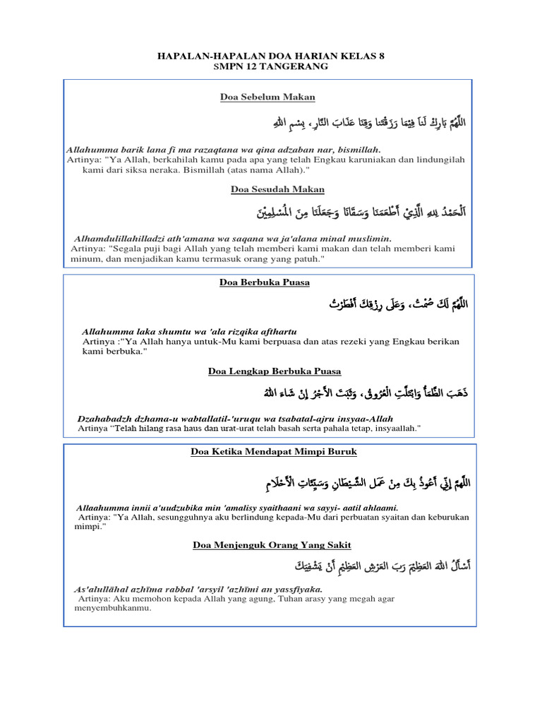 Hapalan Doa Harian Kelas 8 | PDF