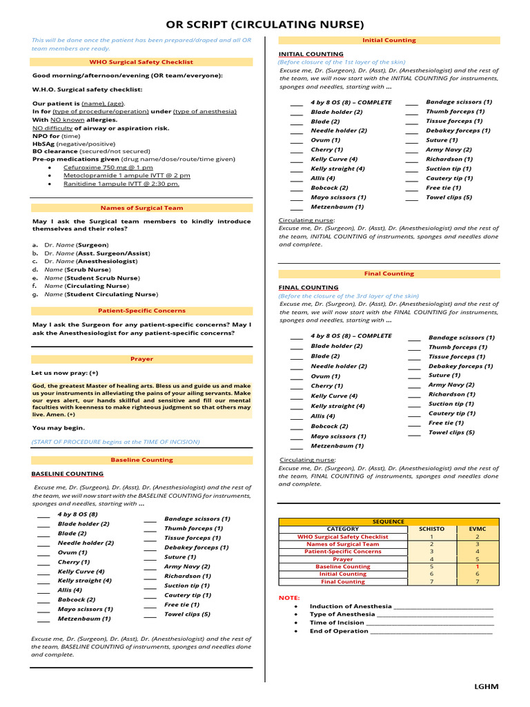 Circulating Nurse Script | PDF | Surgery | Surgical Suture