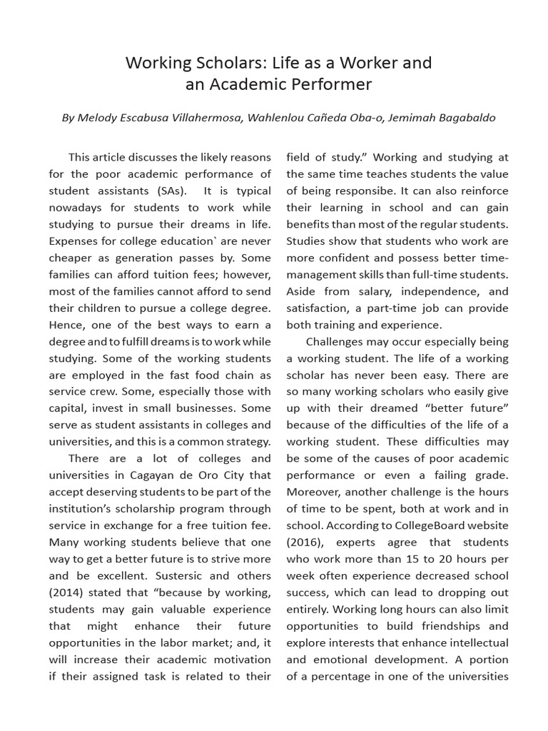Working Scholars Lifeasa Workerandan Academic Performer | PDF | Focus ...