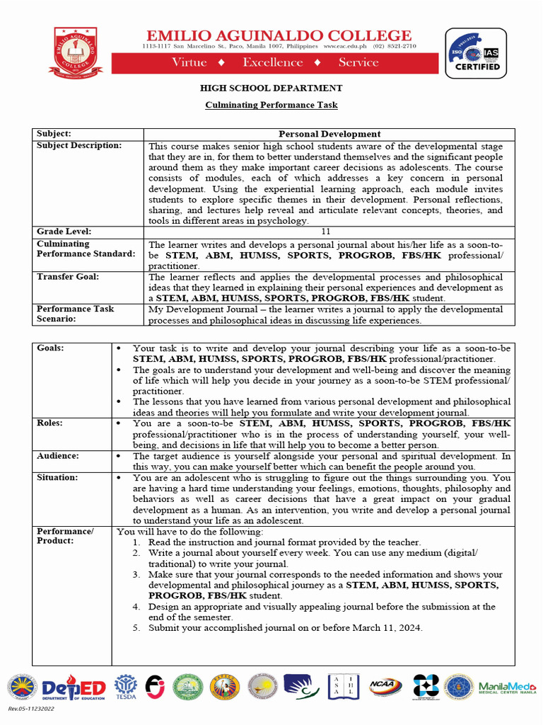 Personal Development: High School Department Culminating Performance ...