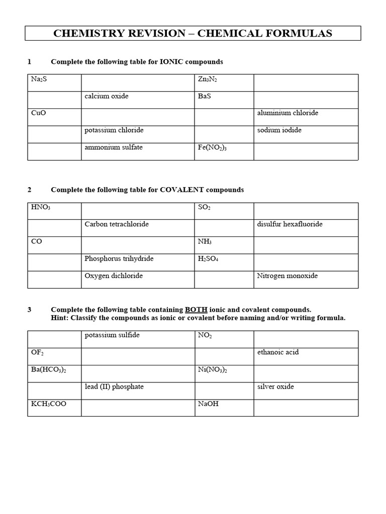 Chemical Formulas Revision Activity Worksheet Yr10 | PDF | Oxide | Nitrogen