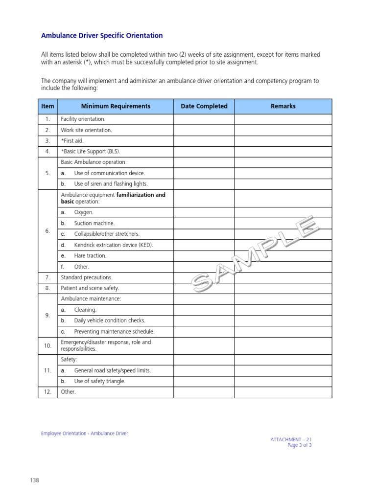 Ambulance Driver Orientation Checklist | PDF