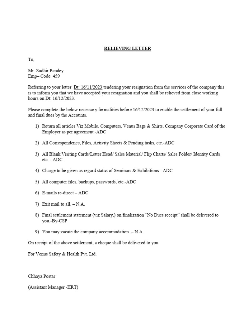 Relieving Letter and Final Settlement Details | PDF | Technology ...