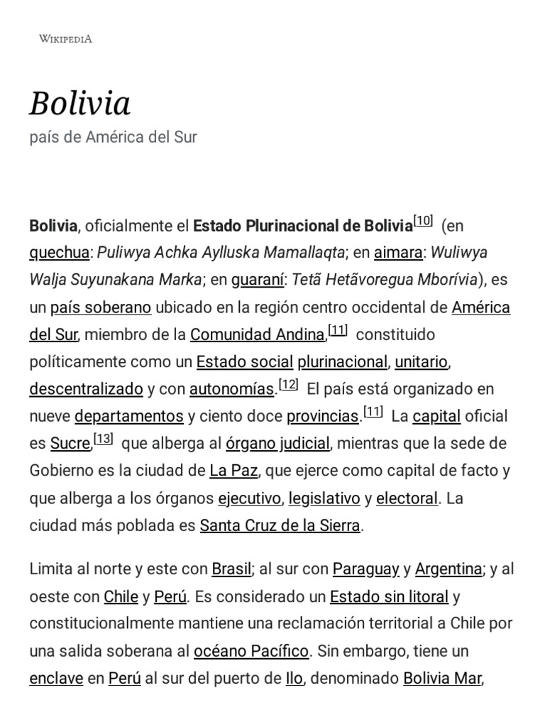 Bolivia - Wikipedia, La Enciclopedia Libre | PDF | Bolivia | América ...