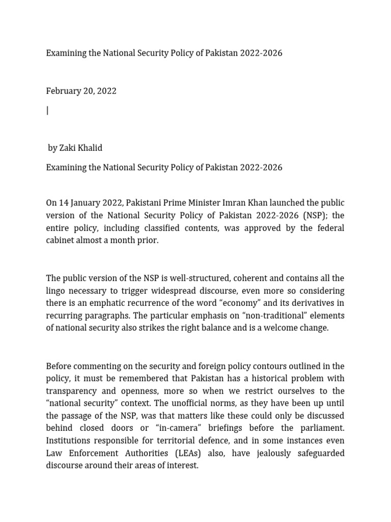 Pakistan National Security Policy 2022-2026 | PDF | Cyberwarfare | Security
