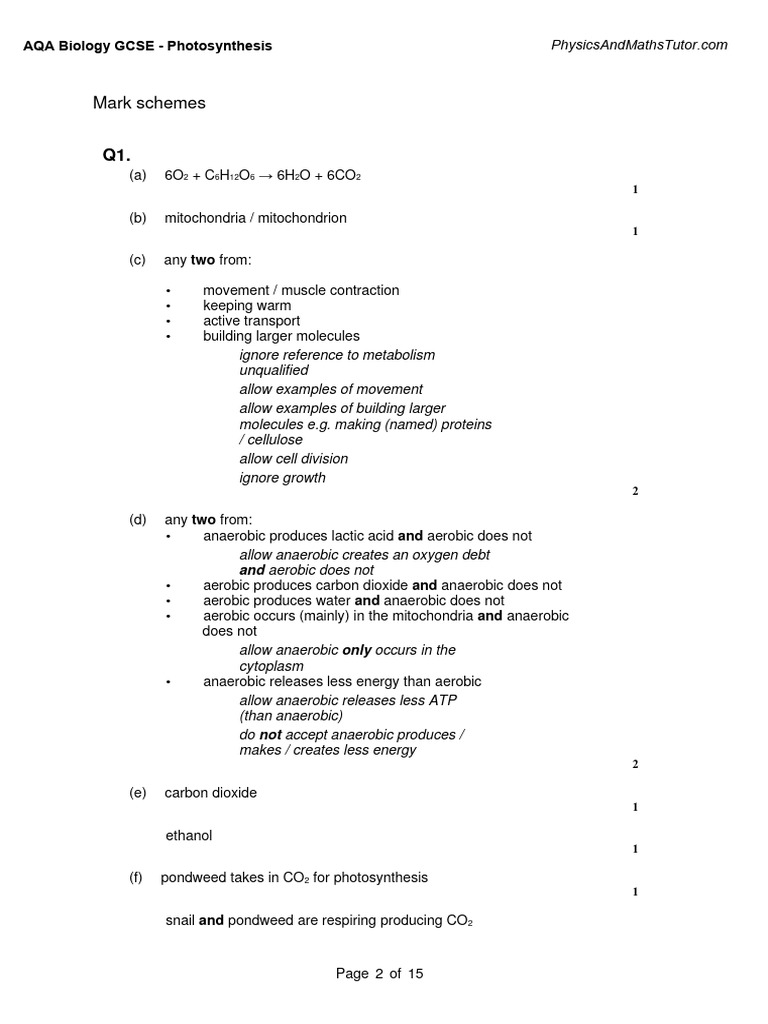 Mark Schemes: AQA Biology GCSE - Photosynthesis | PDF | Active Site ...